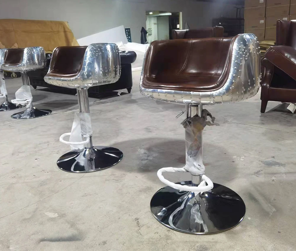 Vintage Brown Genuine Leather Barstool - Aviation Style
