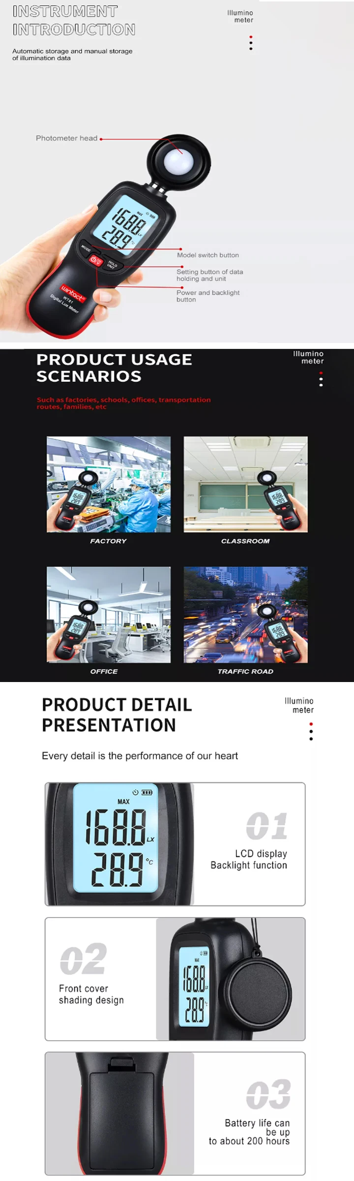 Wintact WT81B Handheld Light Measuring Instrument Digital Lux Meter ...