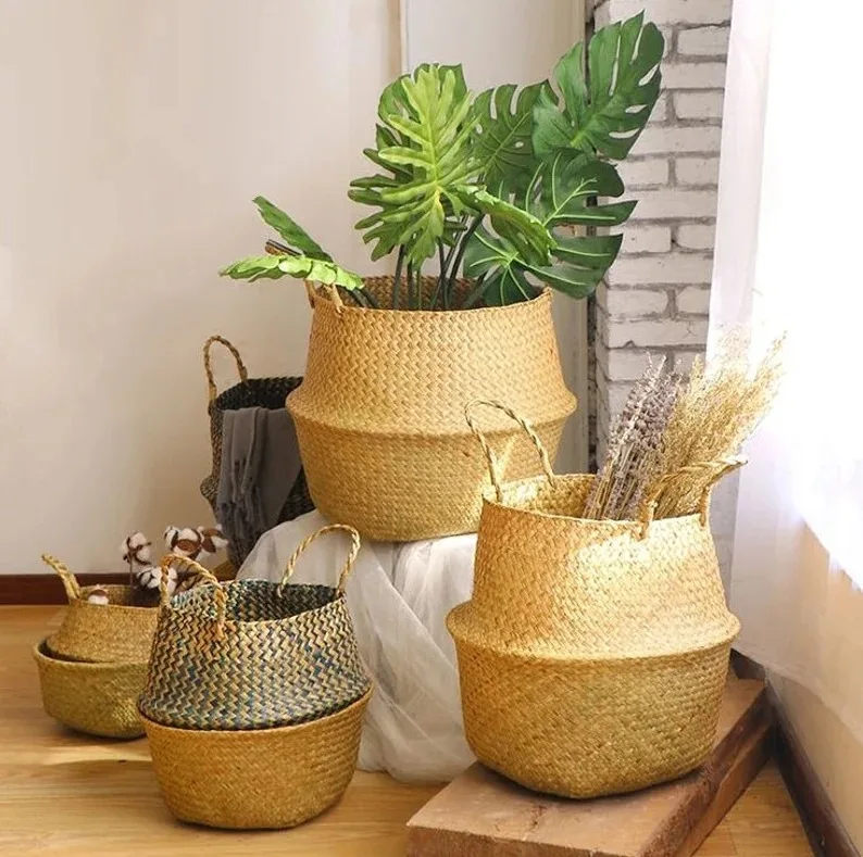 Set 3 Wicker Rectangular Baskets with Wooden Handles for Shelves Water ...