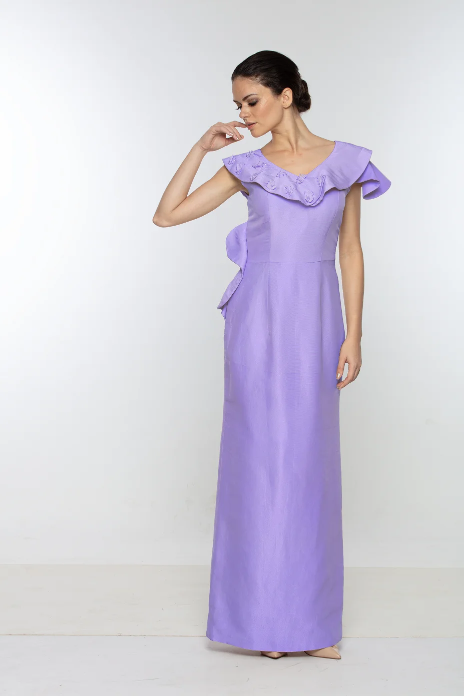 New Arrival Women Elegant Look Tissue Long Dress With Ruffles Neckline ...