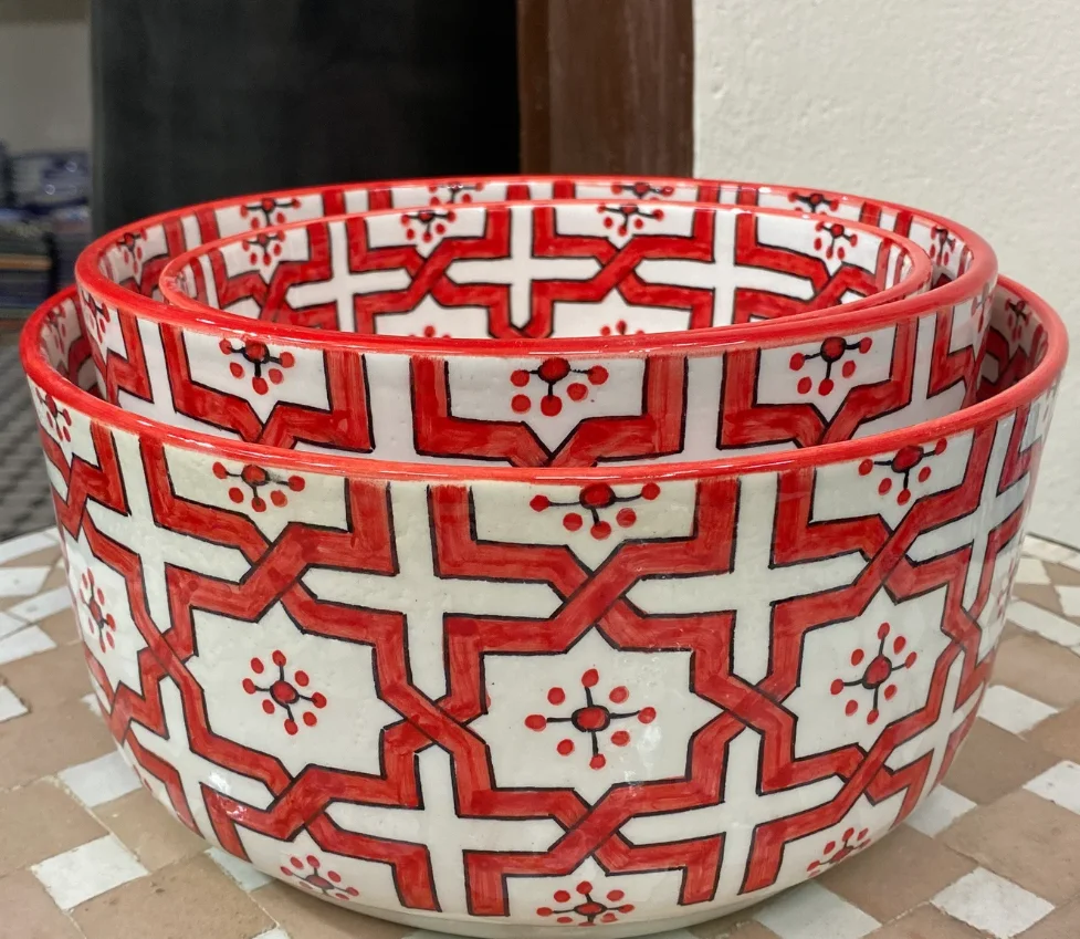 Moroccan Red and White Ceramic Salad Bowls Handmade and Hand Painted in ...