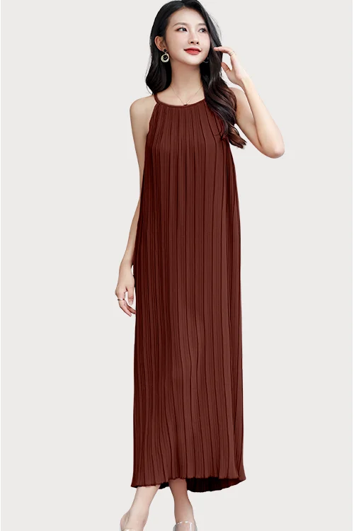 Halter Pleated Sleeveless Maxi Dress Summer Freesize O-neck Pleated Sleeveless Woven Midi Casual ...