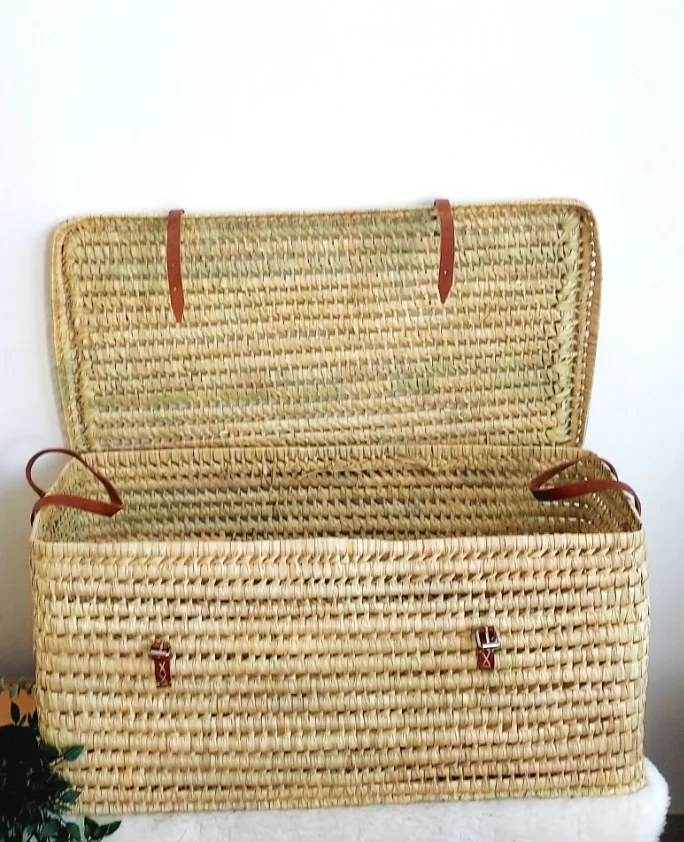Large Wicker Square Trunk For Storage With Leather Handles Handmade ...