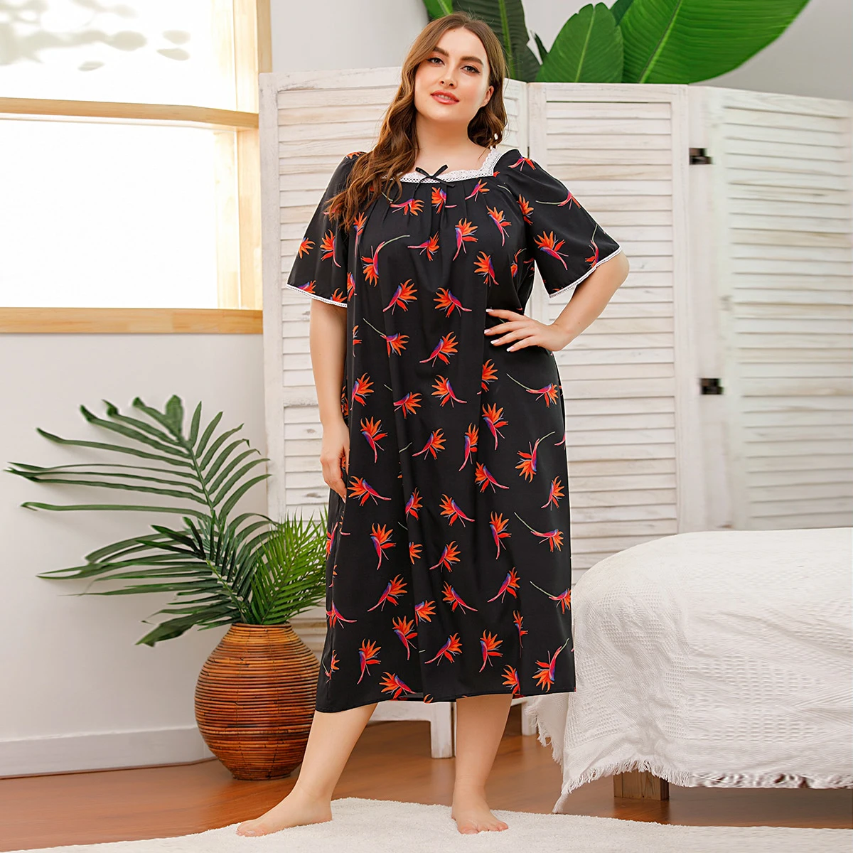 Fat Women Print Short Sleeves Night Dress Sleepwear Pyjamas Dress ...
