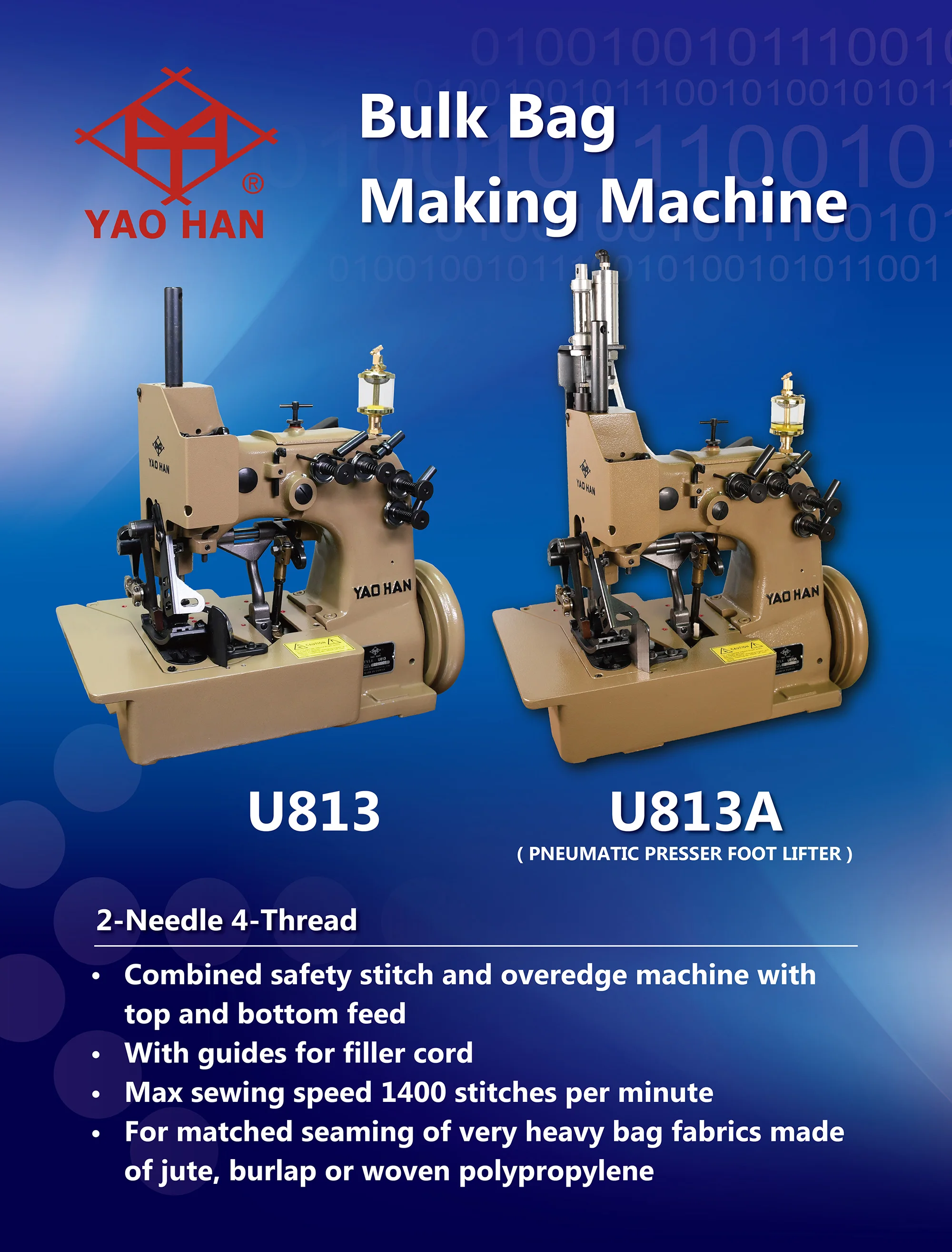 Yao Han U813A Bulk Jute Jumbo Bag Making Machine 2 Needle 4 Thread