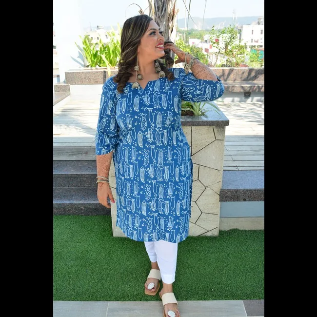 Indian Fish Print Latest Collection Ethnic Wardrobe Cotton Kurtis Calf ...