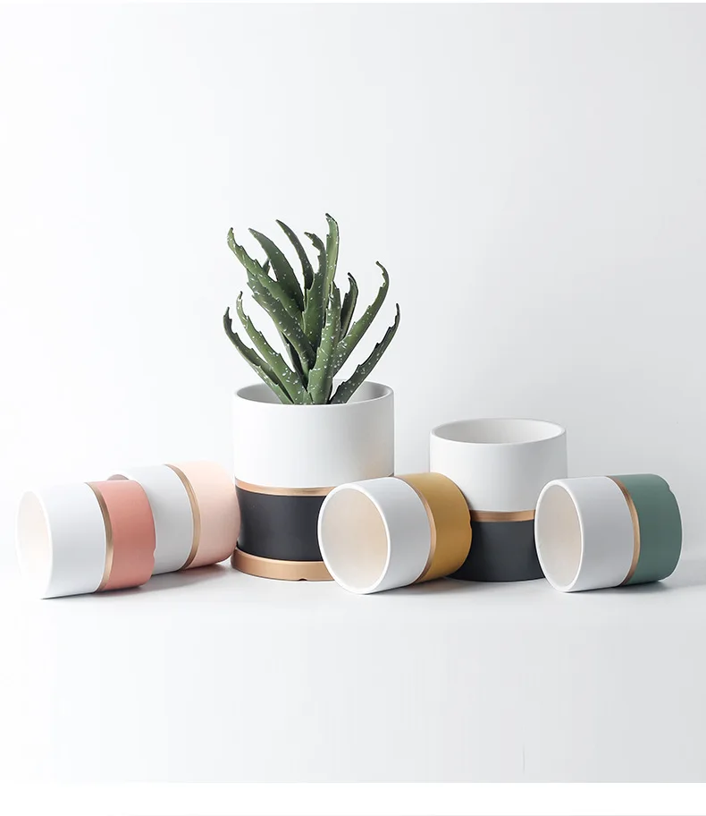 Nordic Flowerpot Ceramic Planters Round Modern Personality Gold Inlay ...