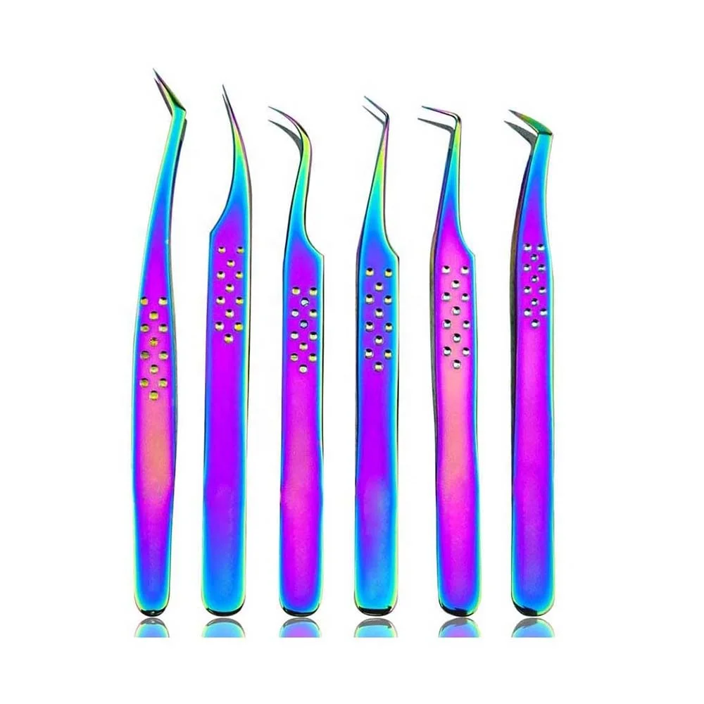Professional Pack of 6 Rainbow Color Stainless- Steel Eyelash Extension ...