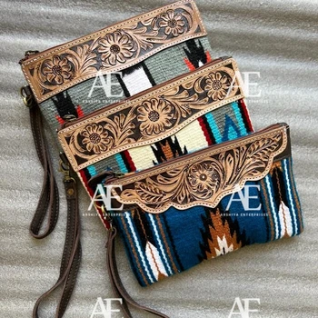 New Stylish Western Aztec Tooled Leather Wristlet Clutch Vintage Brown ...