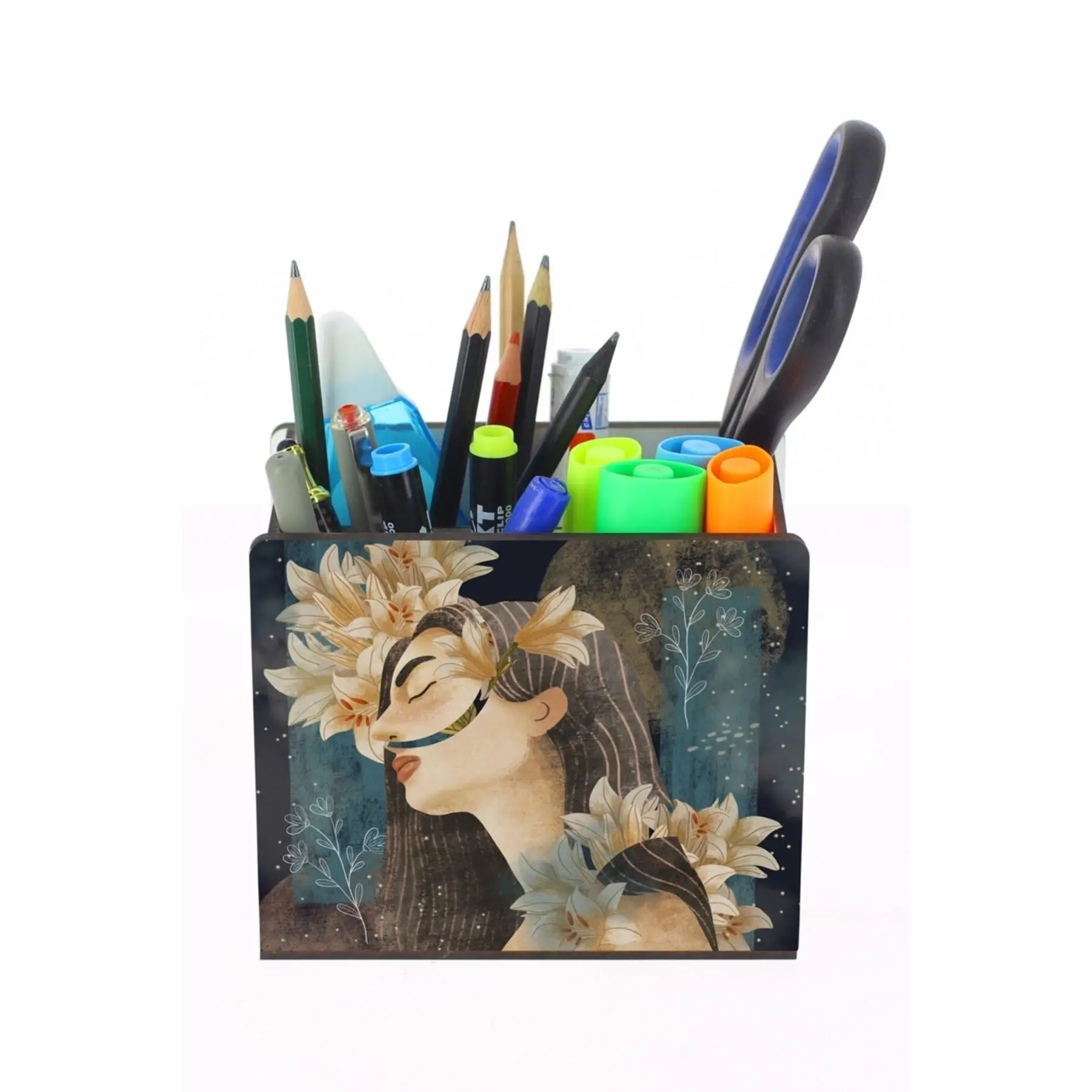 Abstract Woman Drawing Desktop Wooden Pen Holder With Compartments ...
