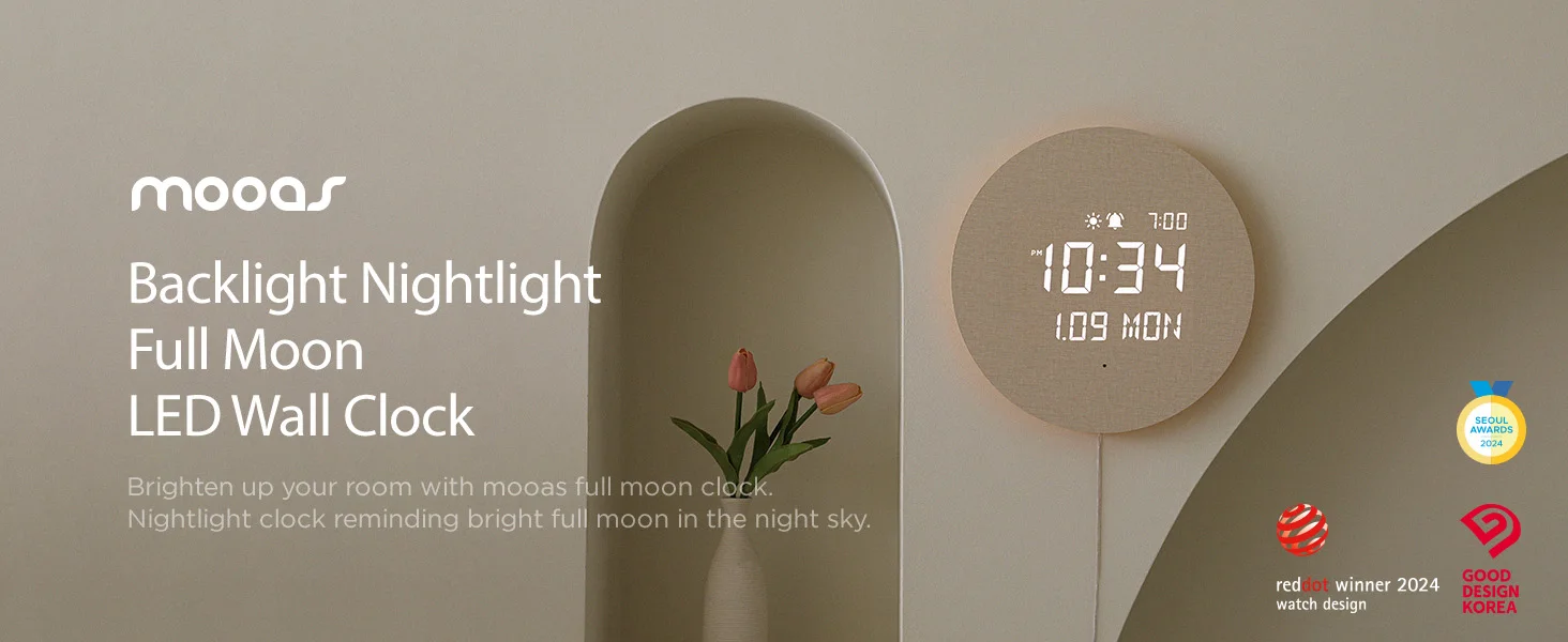 MOOAS Full Moon LED Silent Wooden Digital Wall Clock With Remote Control, Backlight Nightlight ...