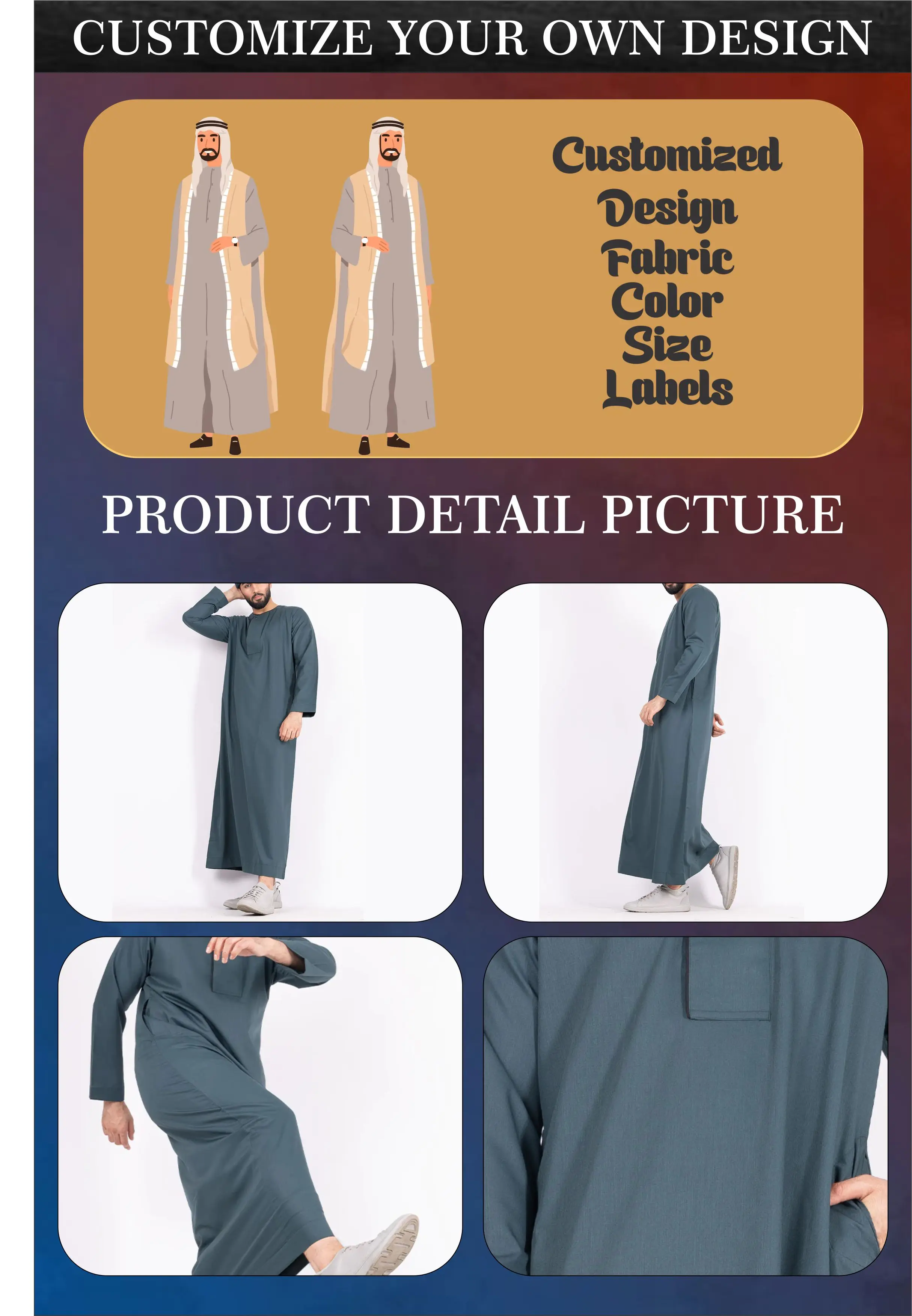 Two Tone Mens Islamic Thobe Abaya Kaftan Custom Wholesale Luxury Long ...