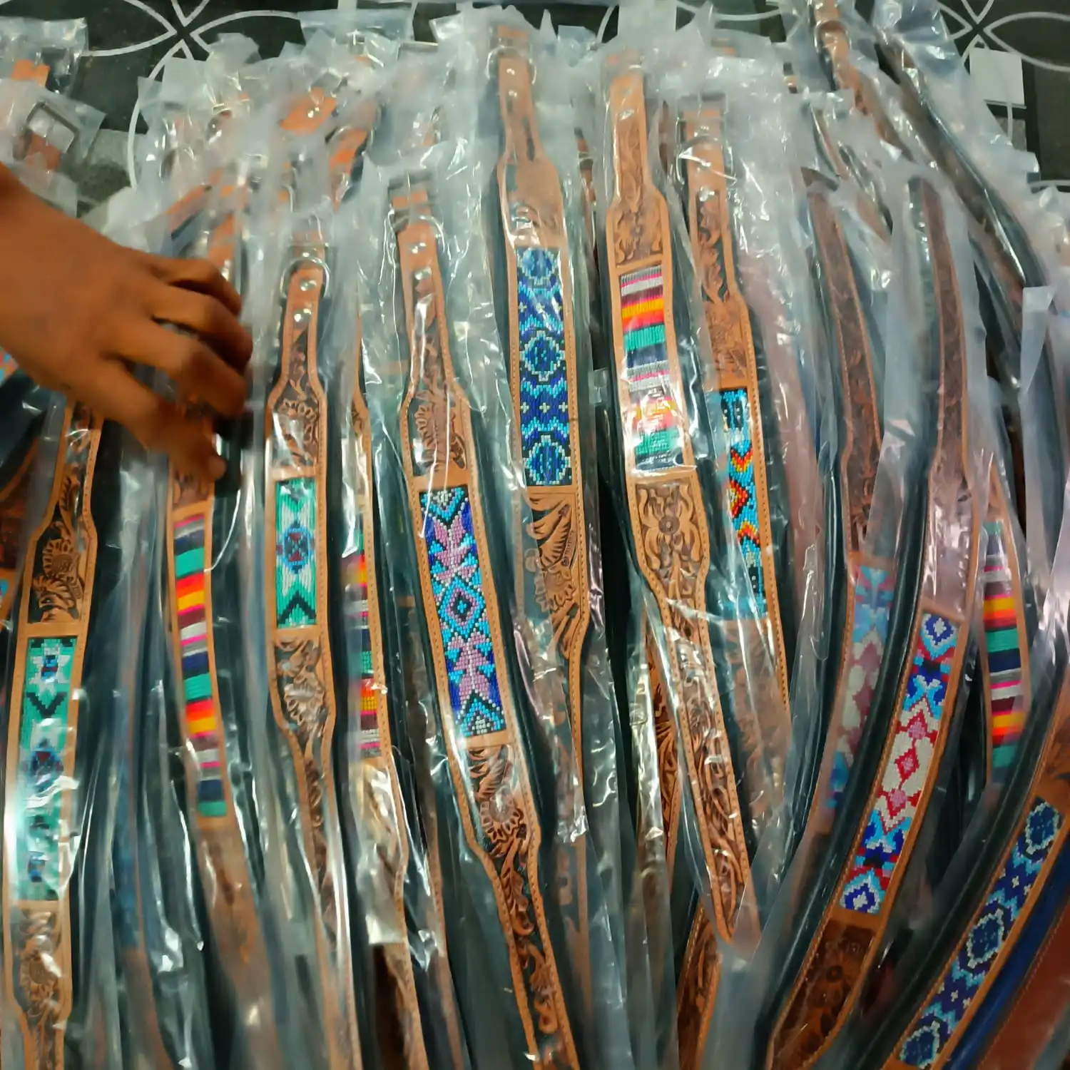 Best Indian Pet Cow Leather Soft Padded Colorful Beaded Dog Collar With ...