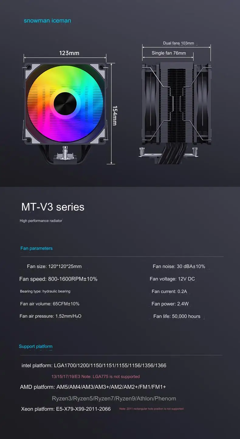 Snowman Mt5-v3 Argb Cpu Cooler - 5 Heatpipe,Silent Fan,Supports Lga1700 ...