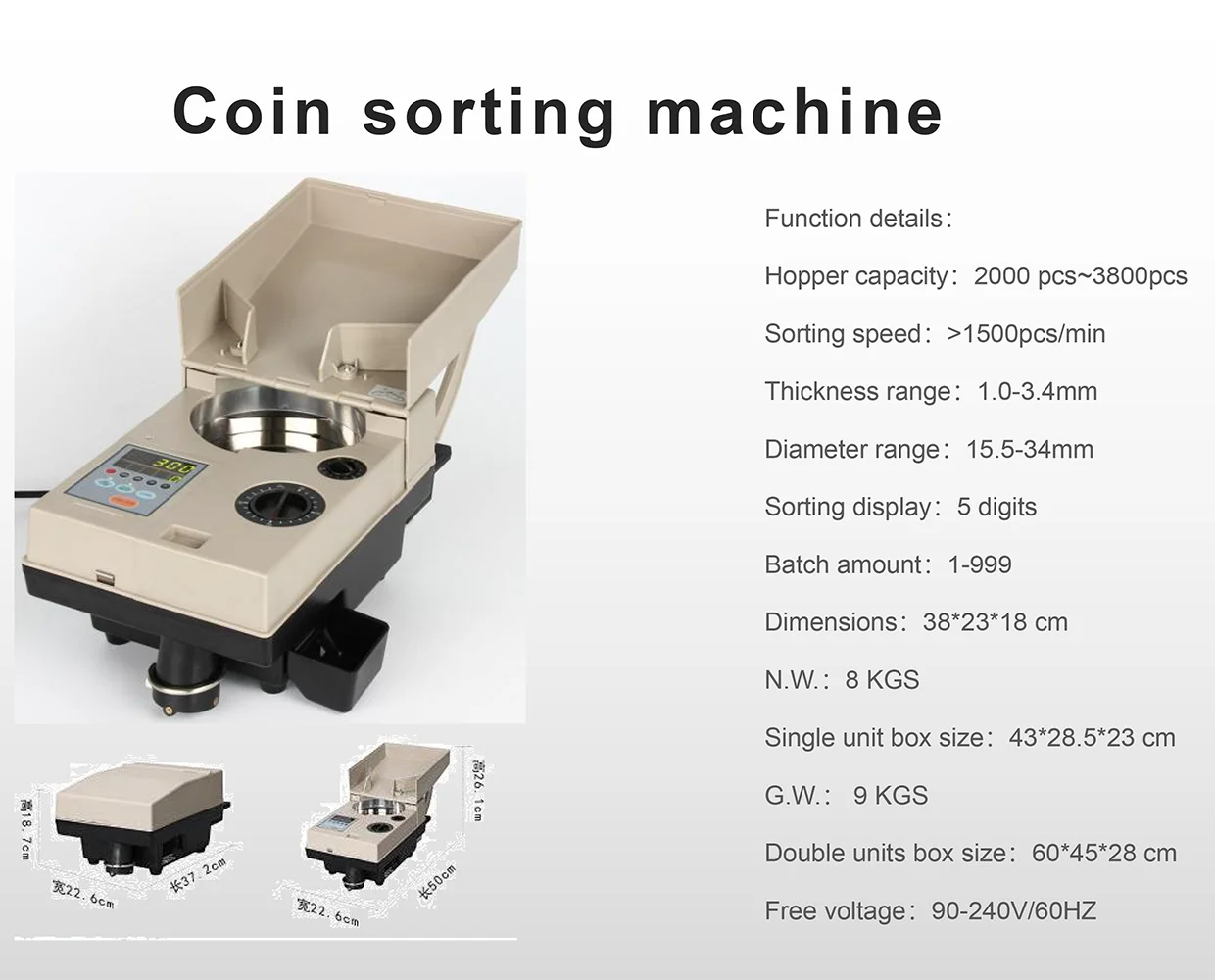 C518 Euro Money Counting Machine Automatic Coin Sorter with Sensor Coin ...