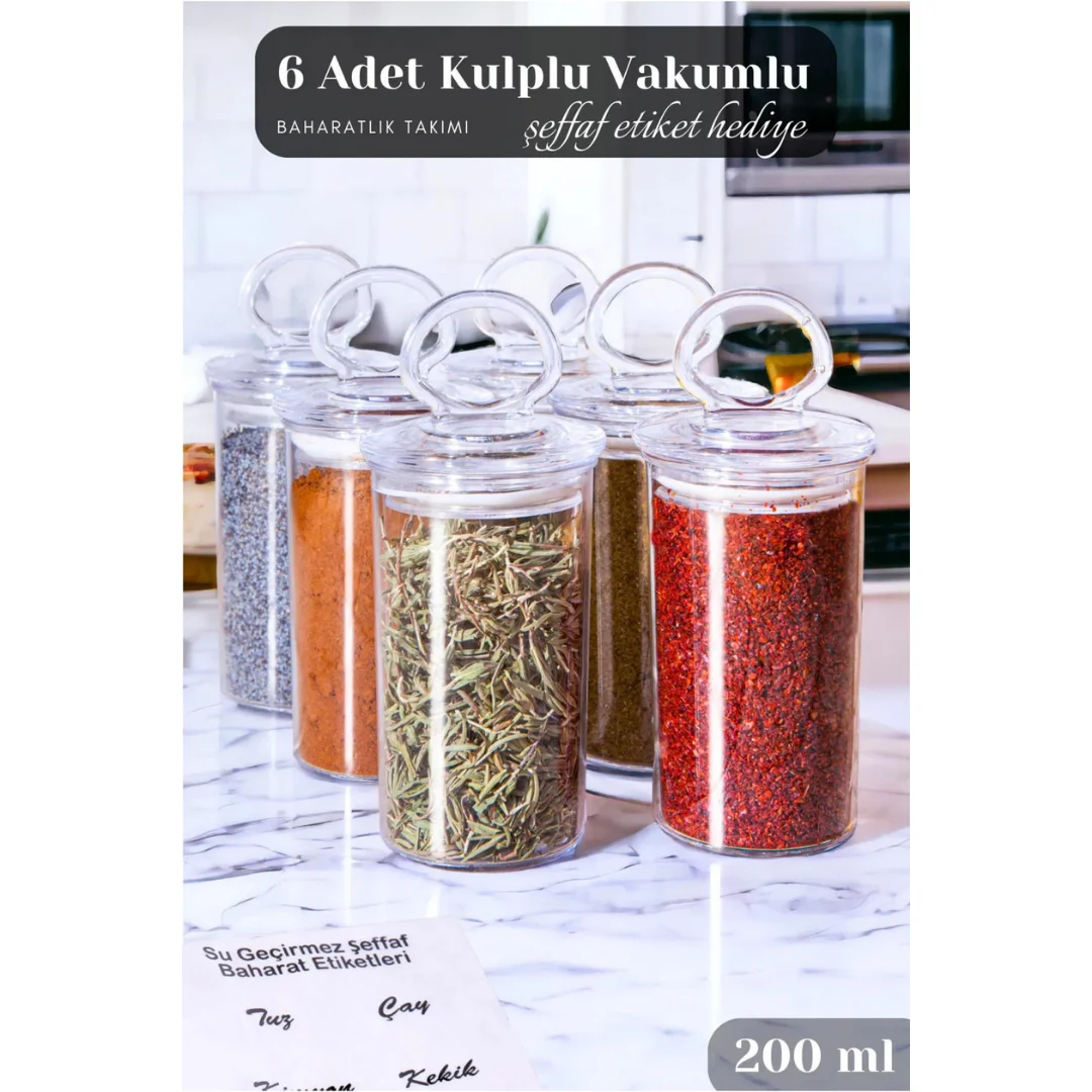 6 Piece Spice Jar Set with Handles and Vacuum Lid (TRANSPARENT SPICE ...