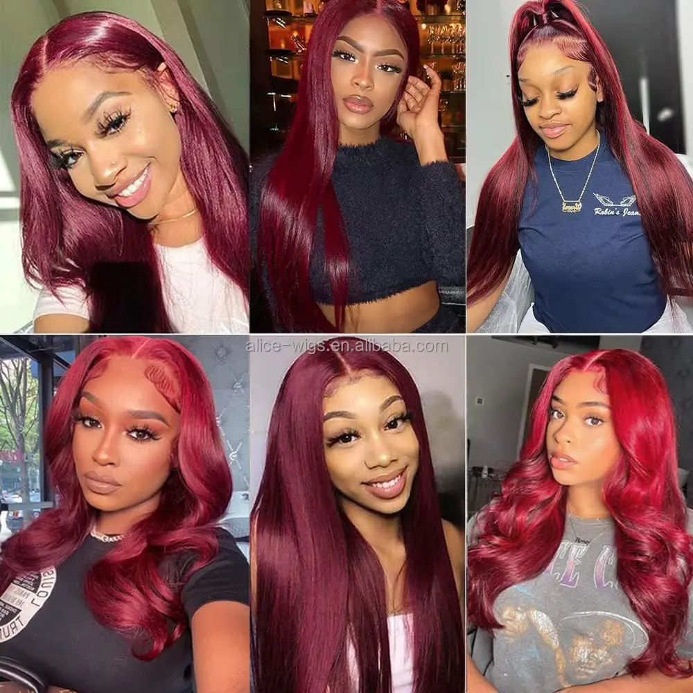 13x4 99j Red Burgundy Straight Front Wigs Virgin Human Hair With Cheap ...