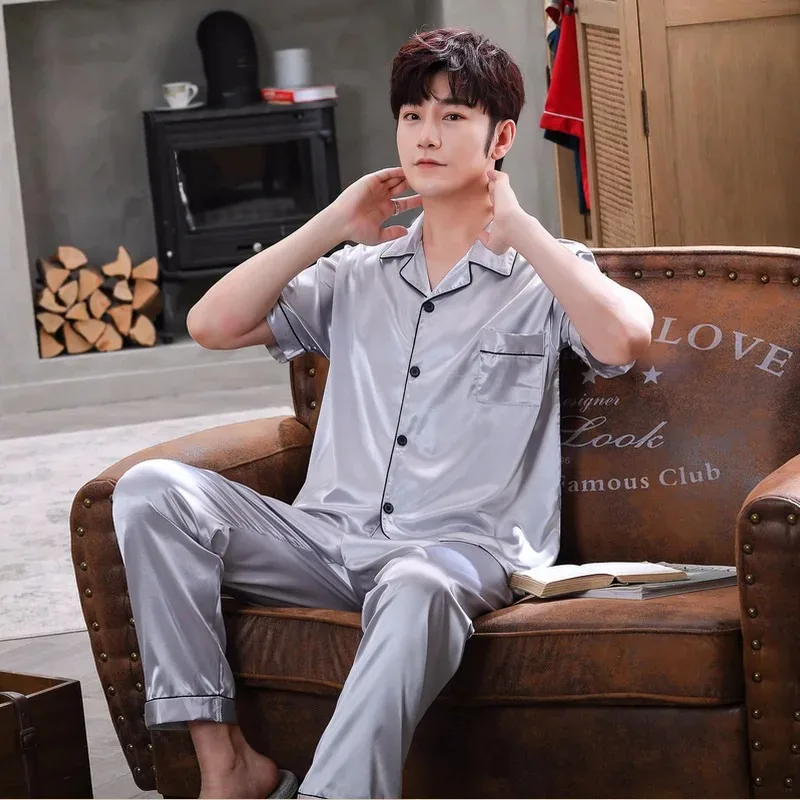 Top Trending Men Night Dresses Pajama Sets Silk Satin Pijama Turn-down ...