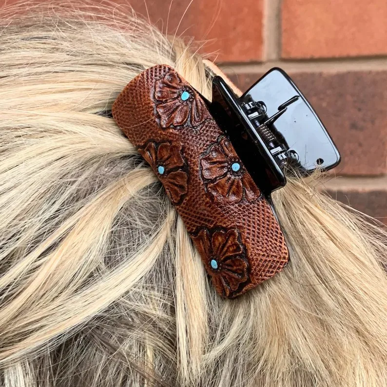 Western Tooled Leather Hair Clip Western Cowgirl Hair Claw Clip Cowhide ...