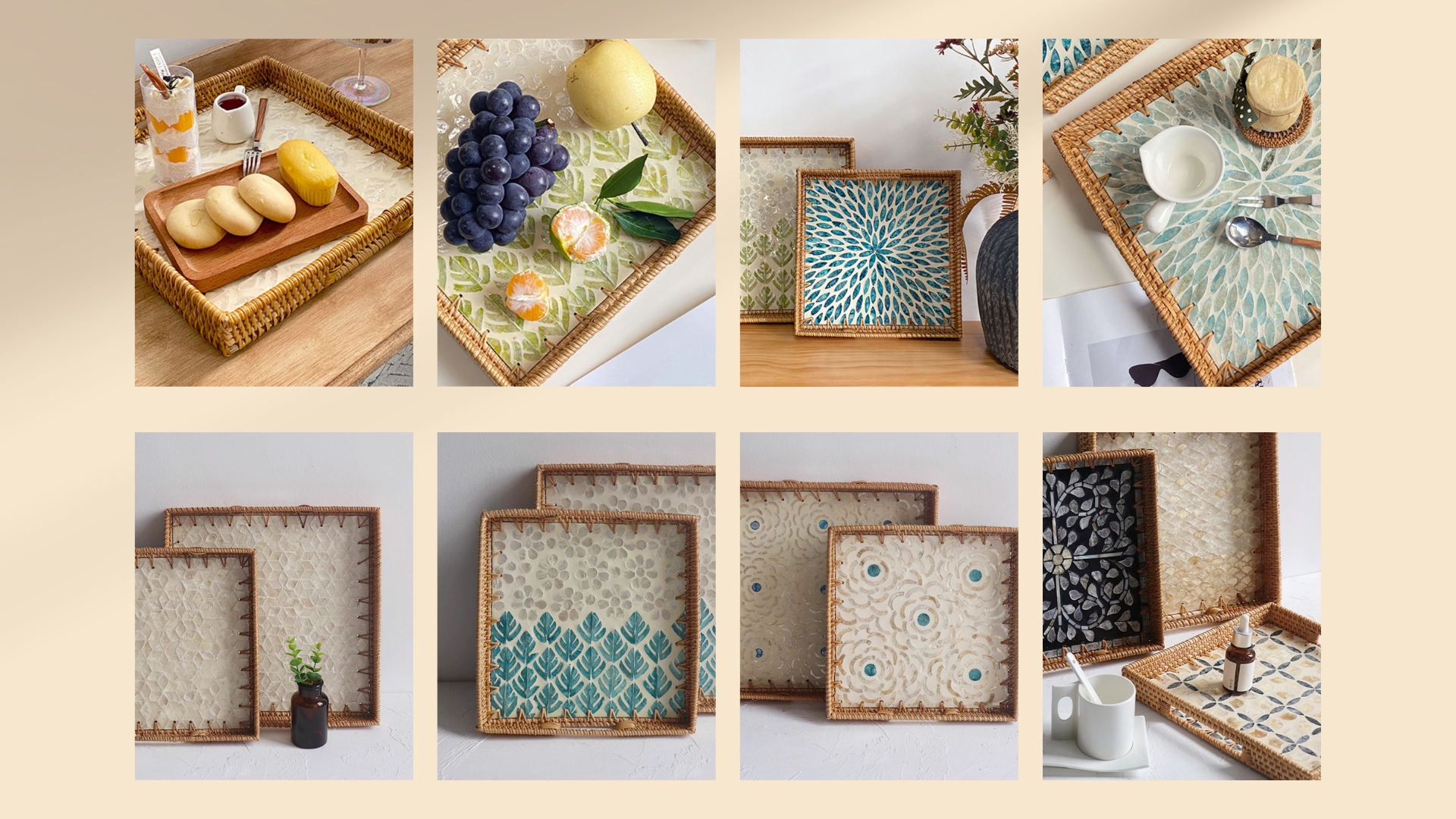 Hot Design 2024 Decoration Rattan Tray Mosaic Hand Woven Round Mother ...