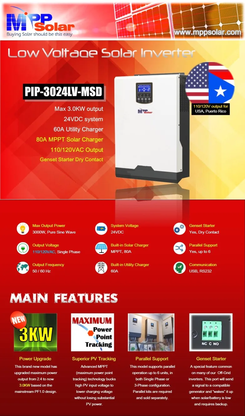 Pip3024lv-msd*3 9000w 110v 24v Mppsolar Pure Sine Wave Solar Inverter ...