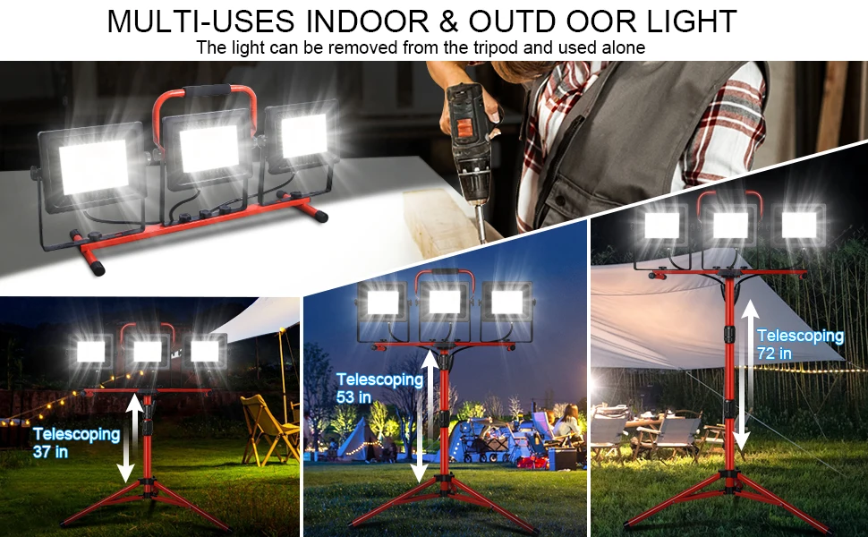 Three Head Portable Removable Adjustable Metal Telescoping Tripod Led ...