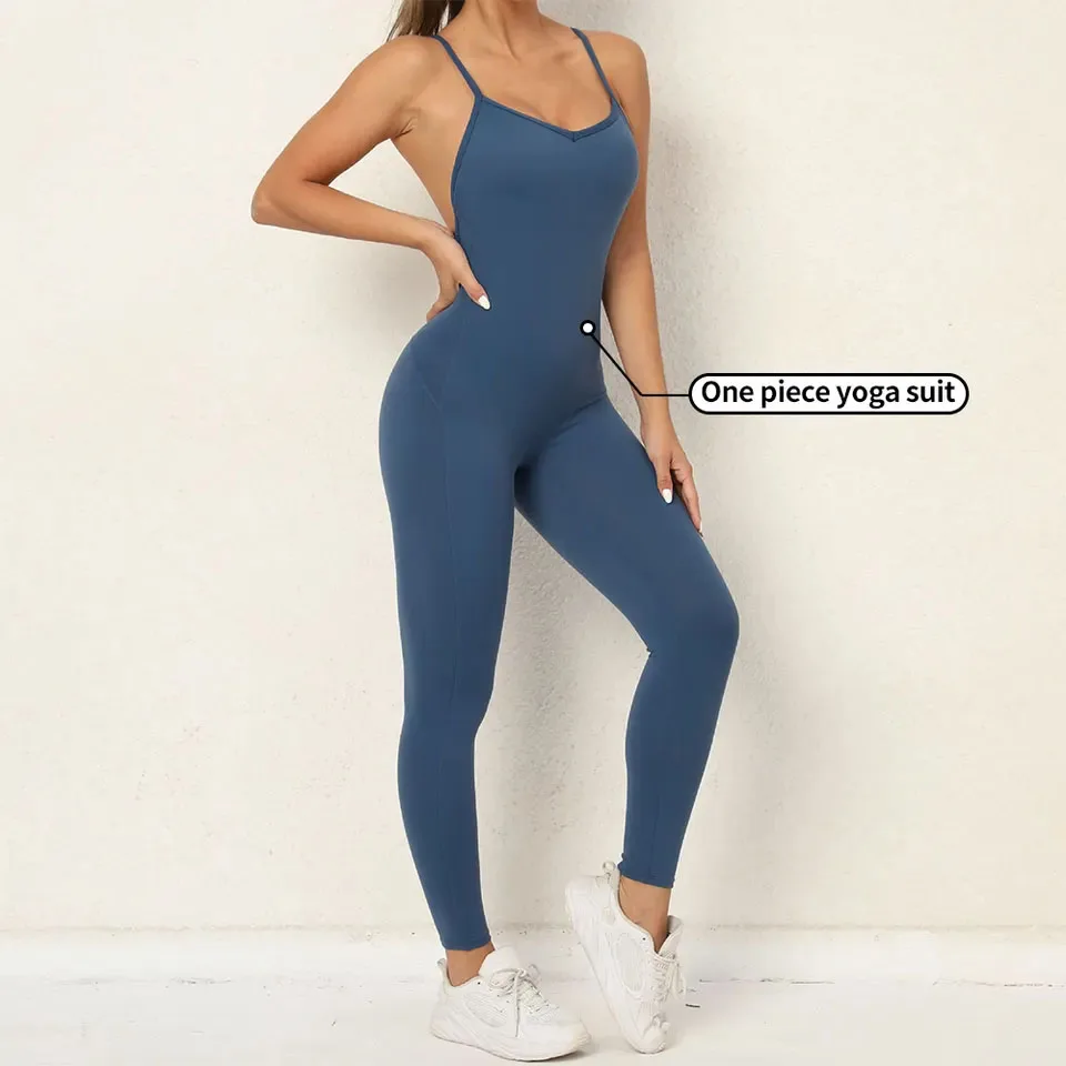 Women Gym Jumpsuits Exercise Backless Sexy Romper Onesie Stretch Yoga Workout Bodysuit Built In