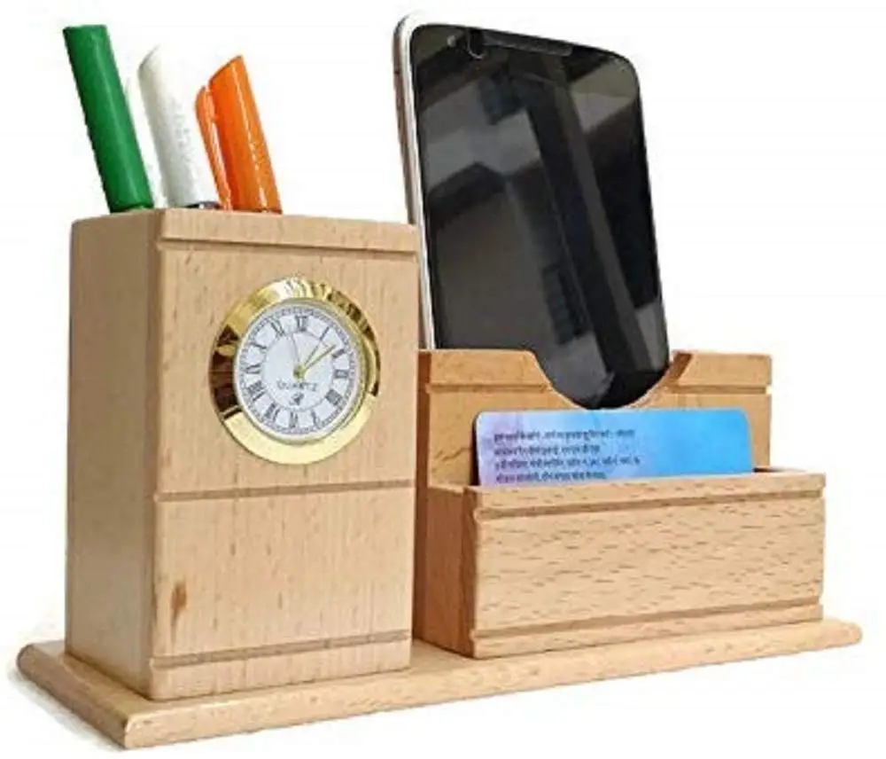 Wood Pen Holder Watch Desktop Pen Holder Wooden Alarm Clock For Desk ...