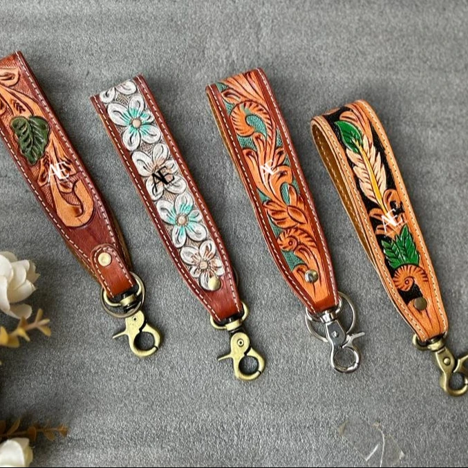 New Arrival Hand Tooled Leather Wristlet Key Fobs Embossed Floral Print ...