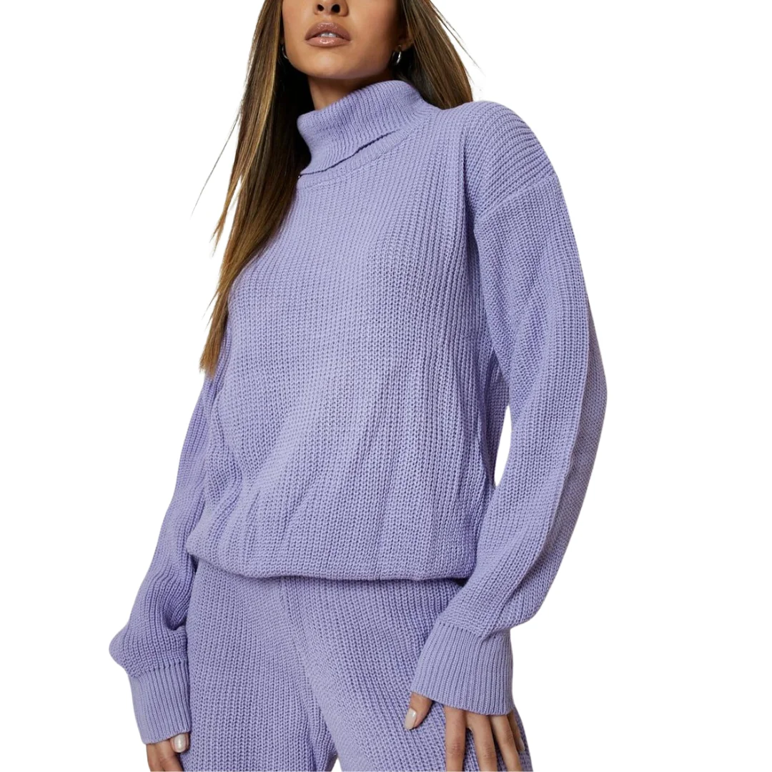 2023 Women Purple High Turtle Neck Loose Knitted Turtleneck Long Sleeve Lady Pullover Basic ...