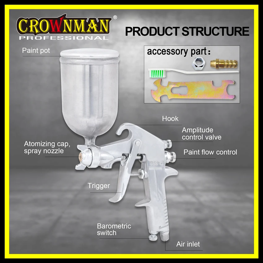 CROWNMAN 400ml Hand Gravity Feed Pneumatic Painting Spray Paint Gun