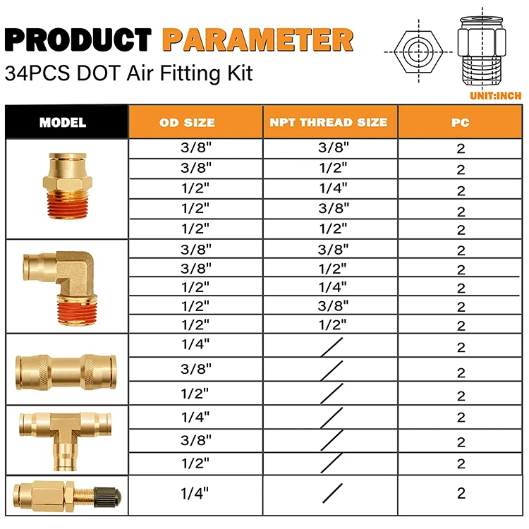 Dot 34pcs Brass Push In Air Brake Nylon Tubing Fittings Assortment Kit ...
