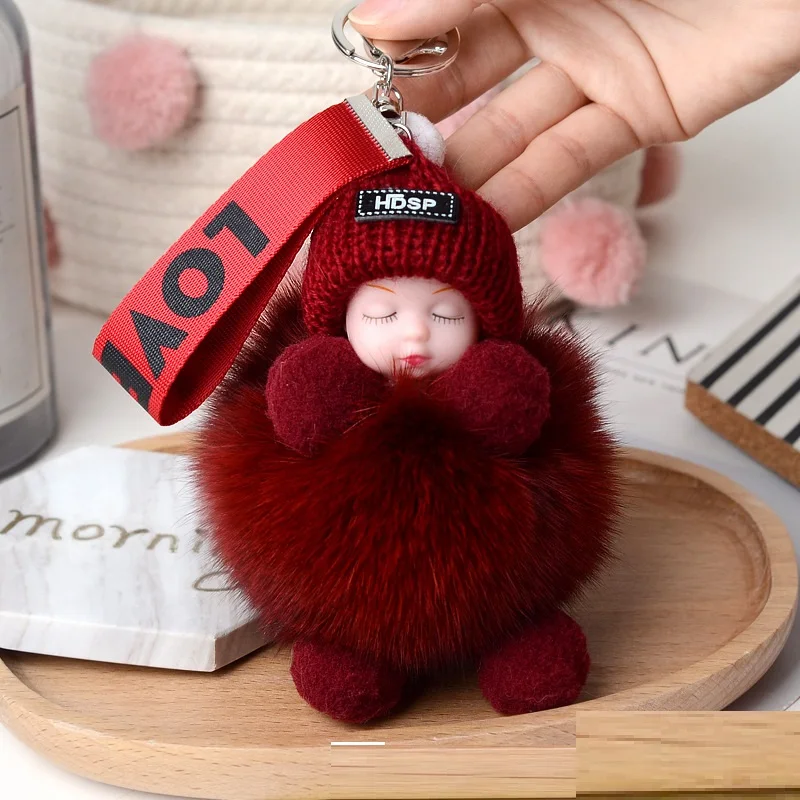 Cute Sleeping Baby Doll Keychain - Fluffy Rabbit Fur Ball