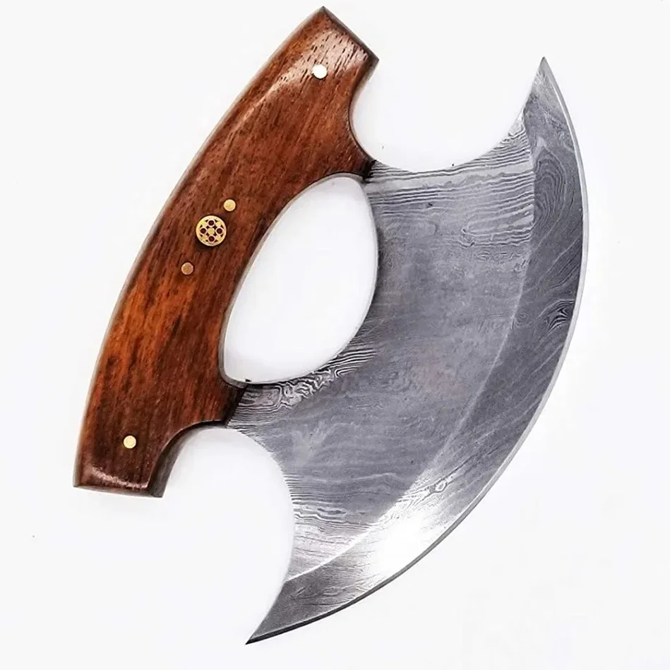 Custom Handmade Ulu Knife Forged Damascus Steel Ulu Knife Rose Wood ...