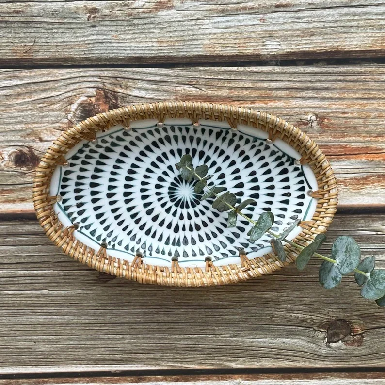 Rattan Ottoman Plate, Ceramic Wicker Trays, Rustic Dinnerware Sets From ...