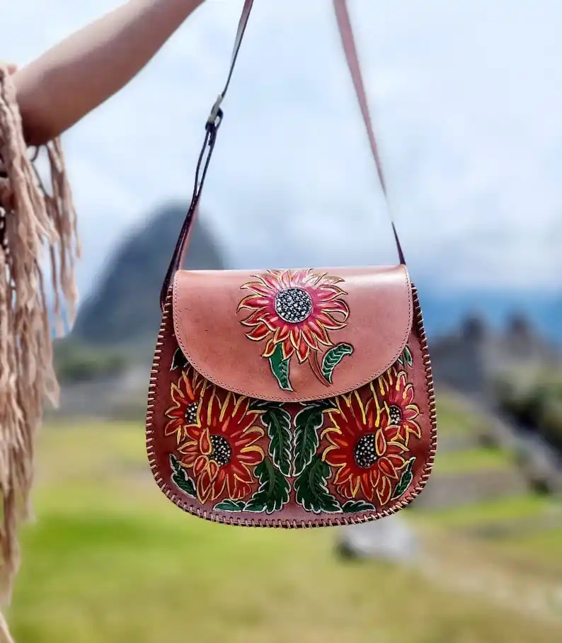 Sunflower Gypsy Handbag Leather Tooled Bag Floral Purse Boho Western ...