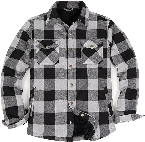 Cotton Men Lined Flannel Shirt Jacket Long Sleeved Brushed Plaid ...