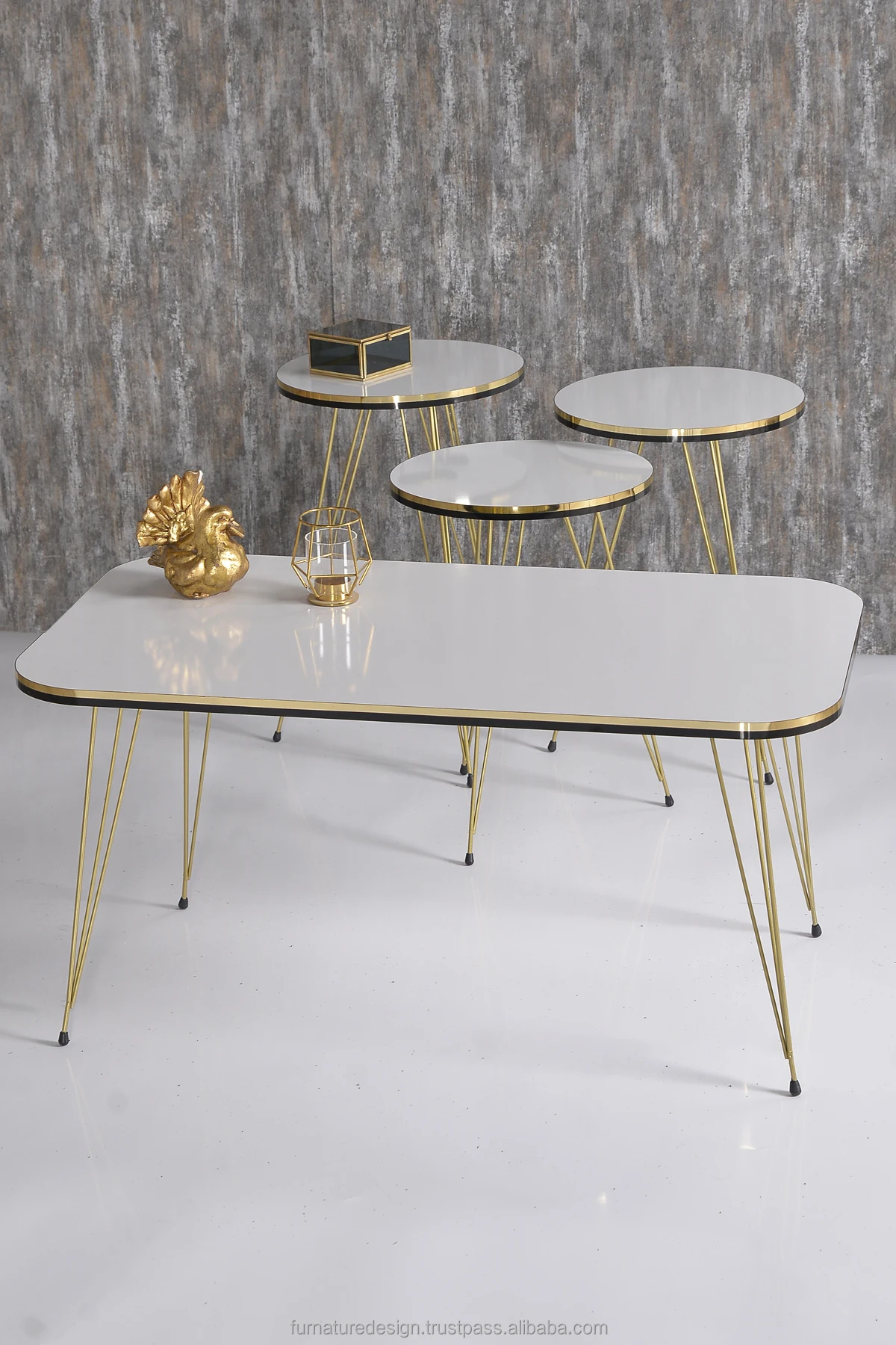 FurnatureDesign Round Nesting Coffee Table Set Metal Golden Leg Coffee ...