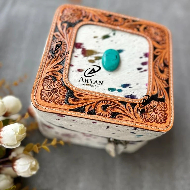 New Western Stylish Handcrafted Tooled Metallic Fur Leather Jewelry ...