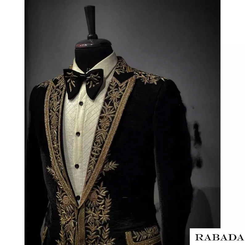 Black Velvet Designer Hand Embroidered Tuxedo,Traditional Groom Black ...