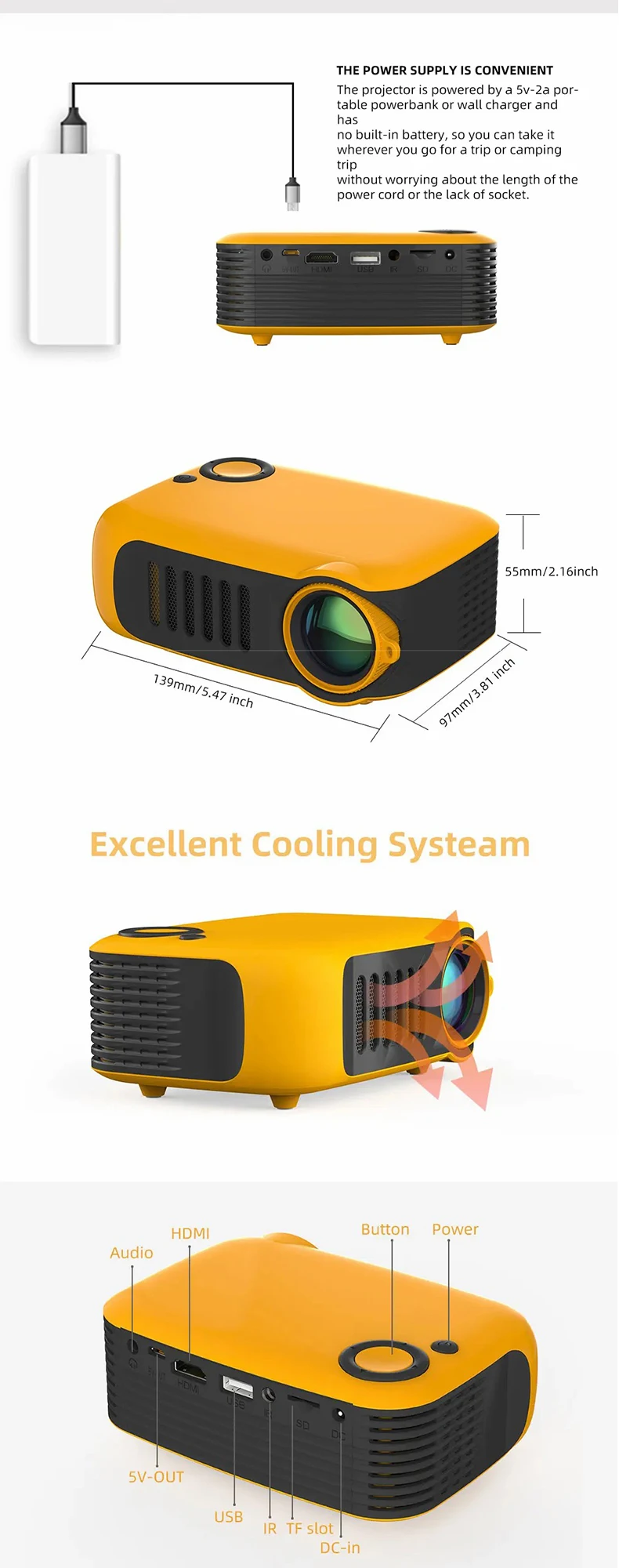 Ruiyou Digital Mini Projector A2000 Mini Projector Pocket 1000 Lumens ...