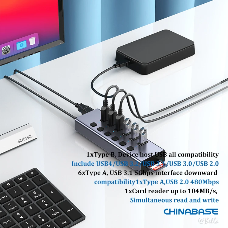 Universal 8-port Powered Usb C Hub Aluminum Splitter With 6 Usb 3.0 ...