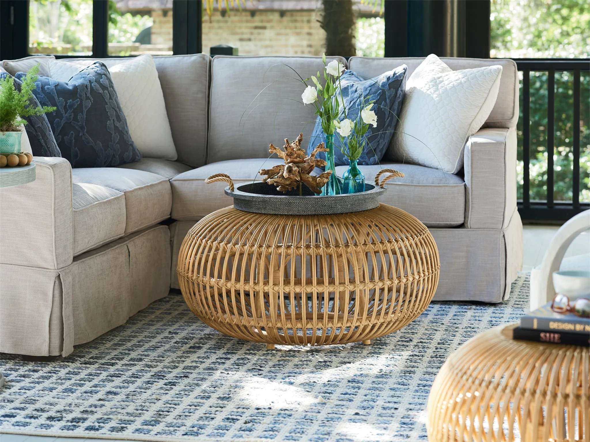 Round Natural Rattan Coffee Table Oversized Handmade Vintage Rattan ...