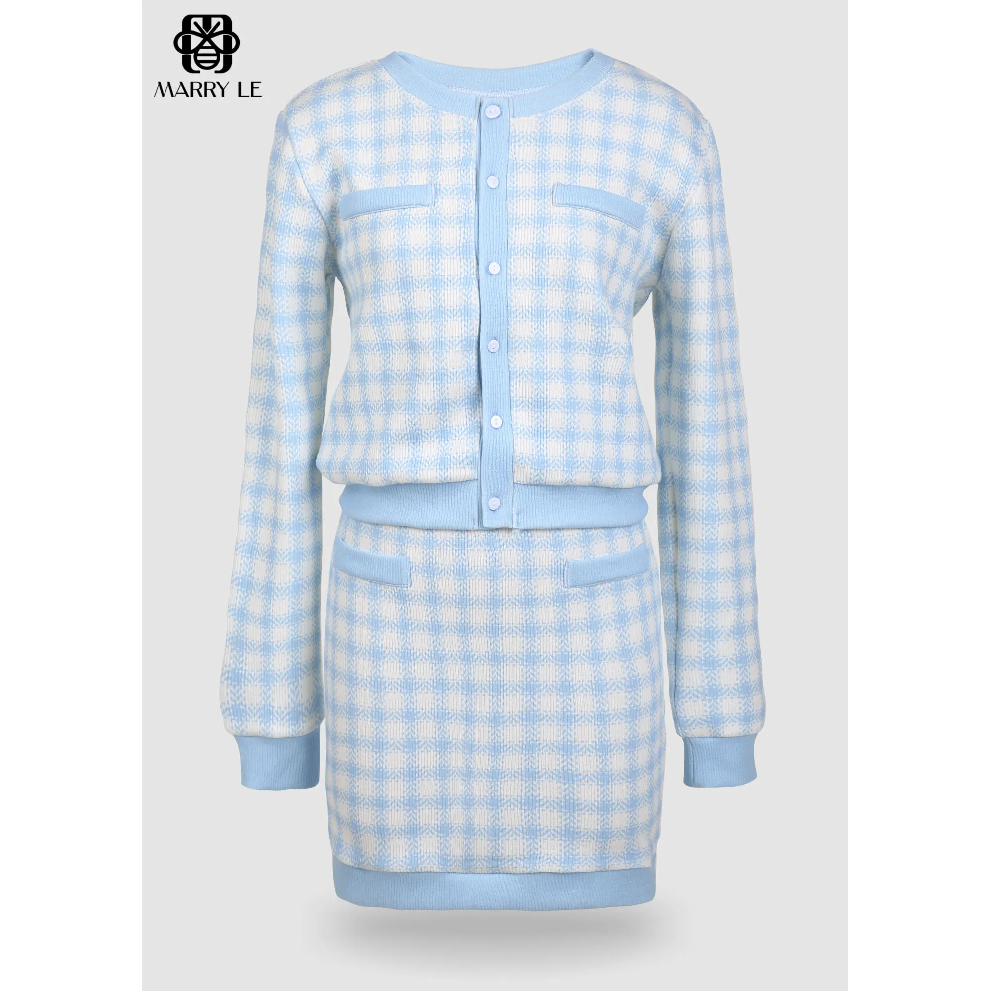 Dainty Baby Blue Women Casual Long Sleeve Cardigan & Mini Skirt Two ...
