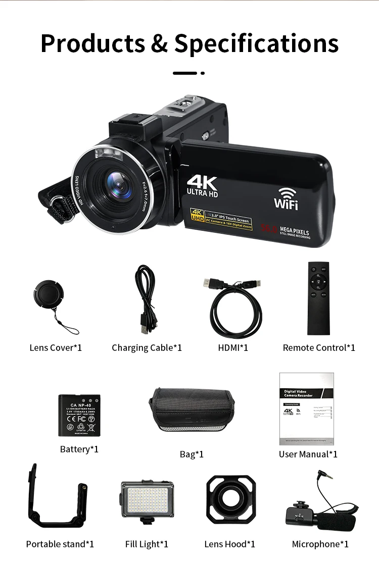 Professional Video Camcorder 56mp 4k Camera 18x Digital Video Camera ...