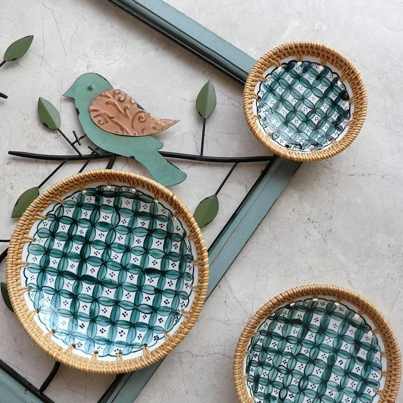 Rattan Ottoman Plate, Ceramic Wicker Trays, Rustic Dinnerware Sets From ...