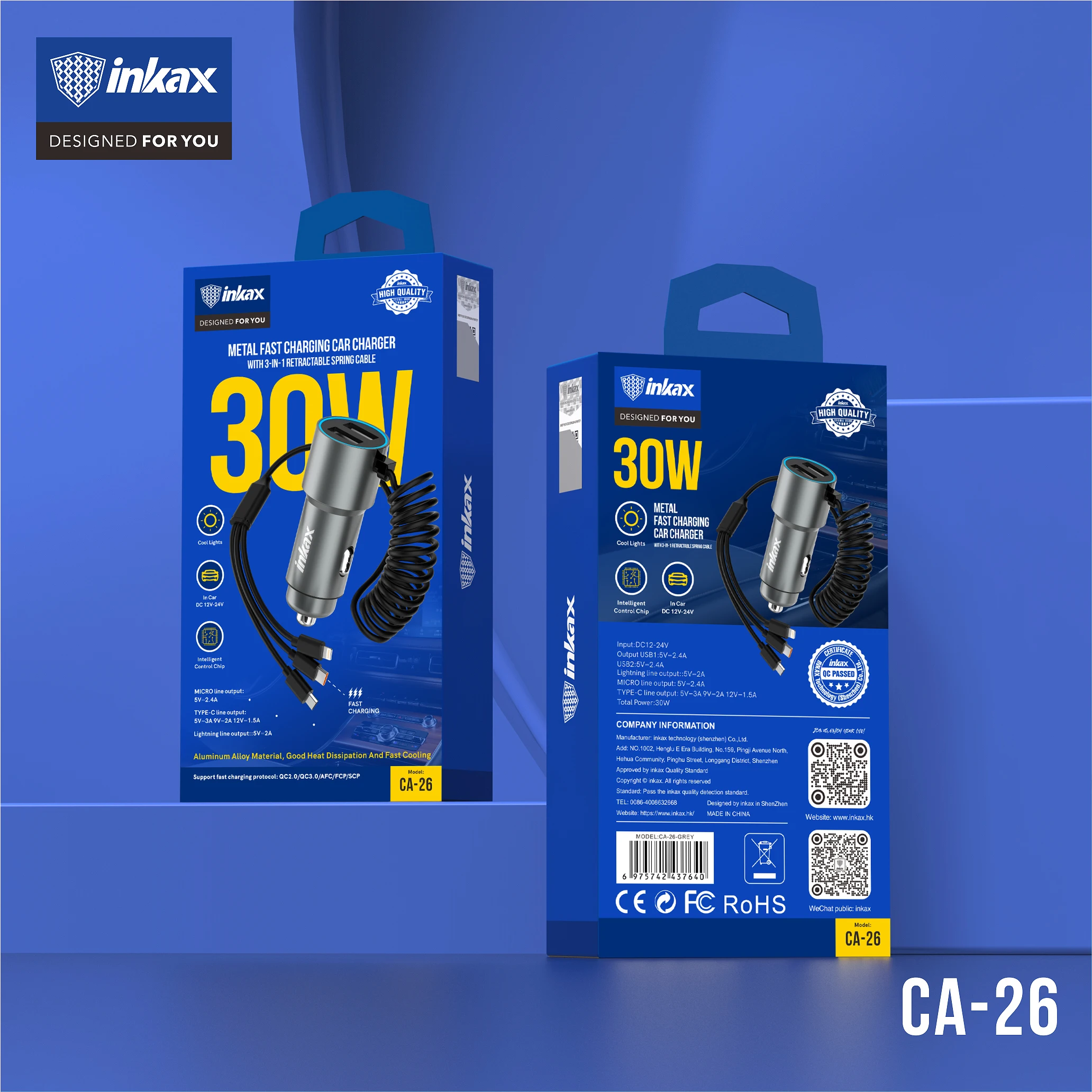 Inkax Car Accessories 2024 30w Qc3.0 Fast Charging Alloy Car Charger With 3-in-1 Cable Dual Usb ...