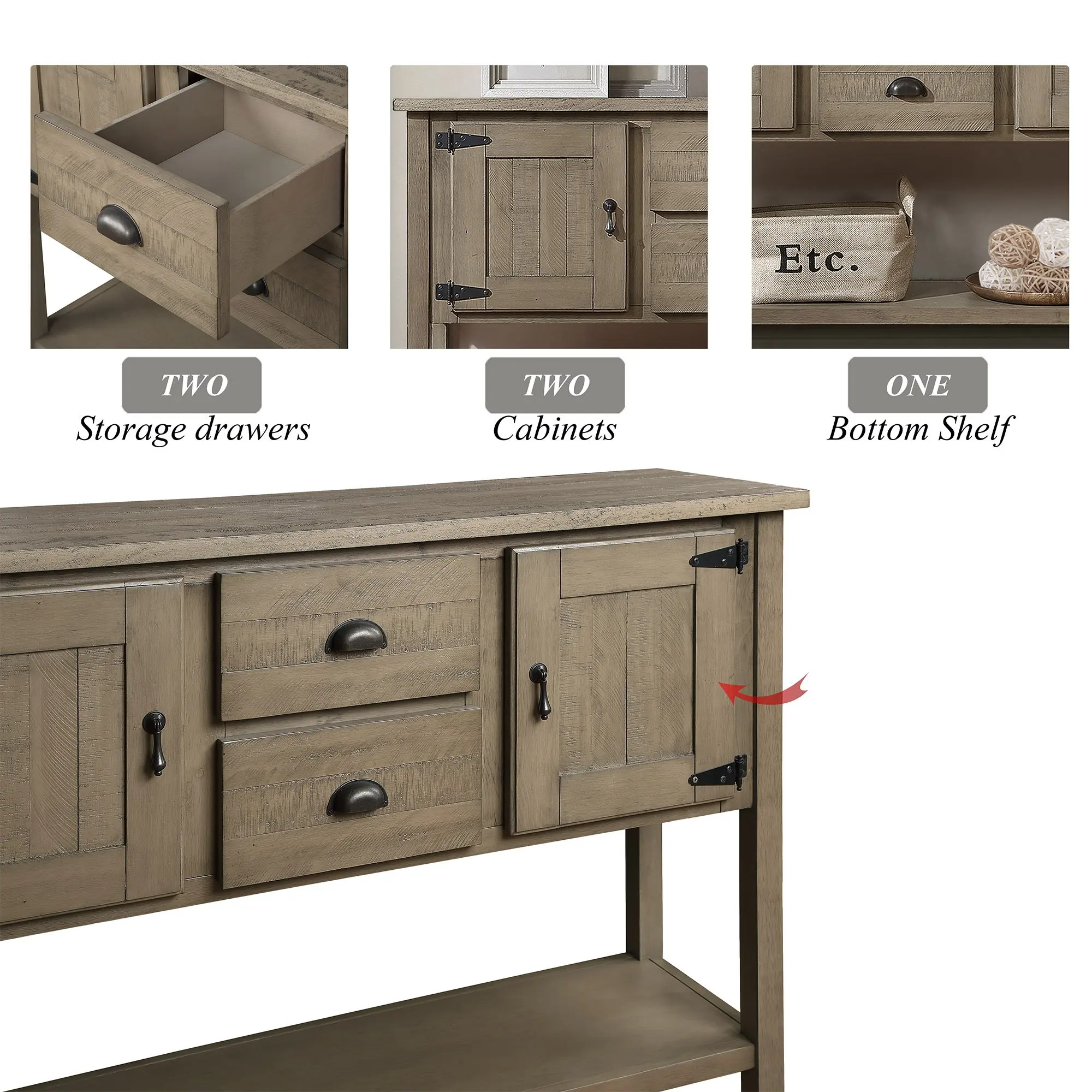 Rustic Solid Wood Sideboard: Kitchen Buffet With Storage Cabinets For ...