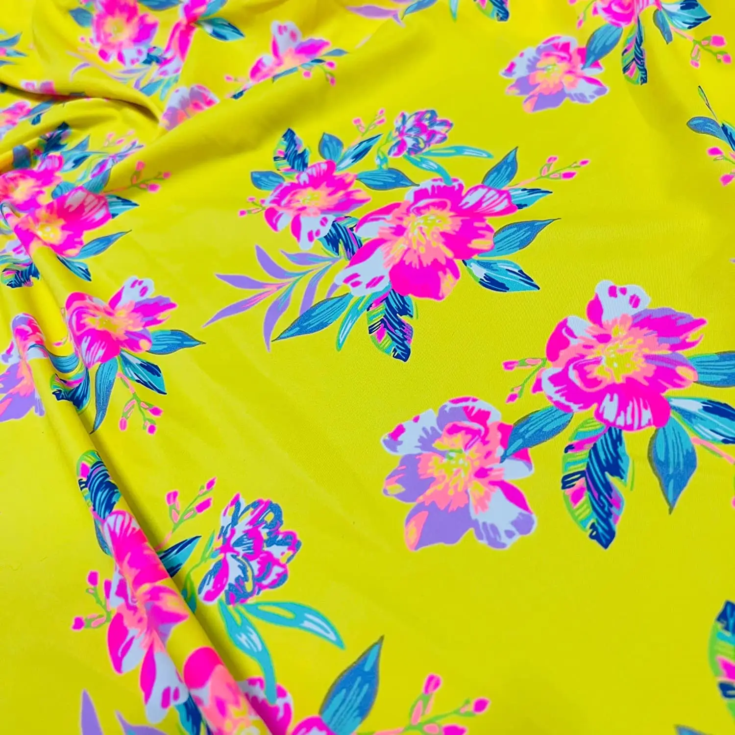Yellow Floral Neon Print 4-Way Stretch Spandex Fabric