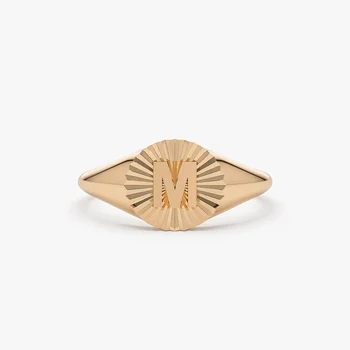 Personalized Ring 14k Gold Letter Signet Dainty Initial Sunburst Pinky ...